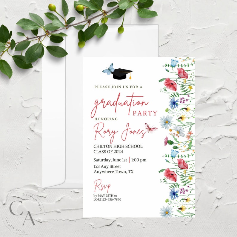 Floral Graduation Party Invitation, Wildflower Butterfly Graduation ...