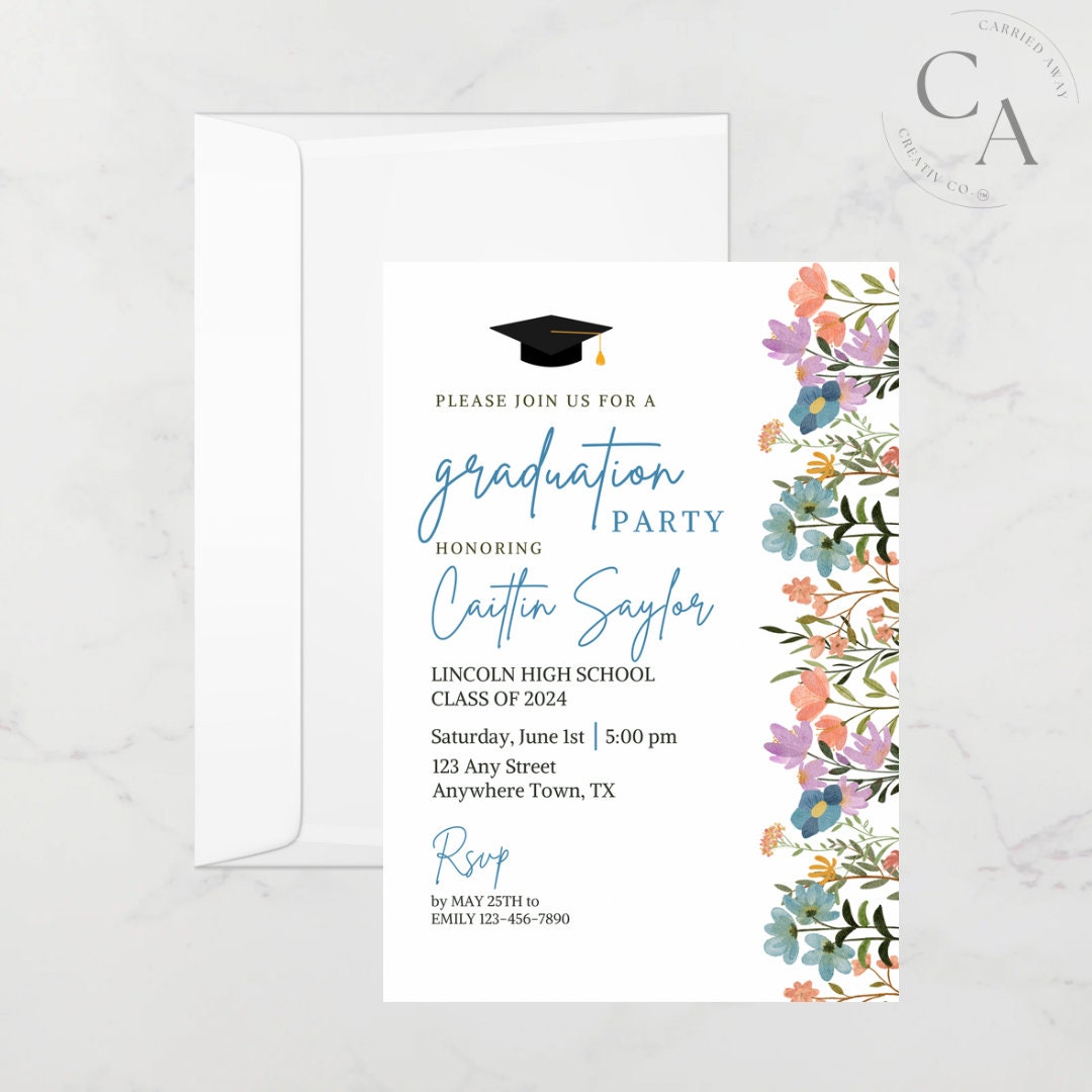Floral Graduation Party Invitation, Wildflower Butterfly Graduation ...