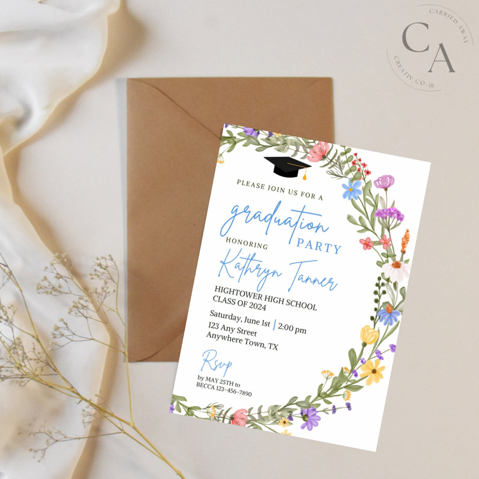 Floral Graduation Party Invitation, Wildflower Butterfly Graduation ...