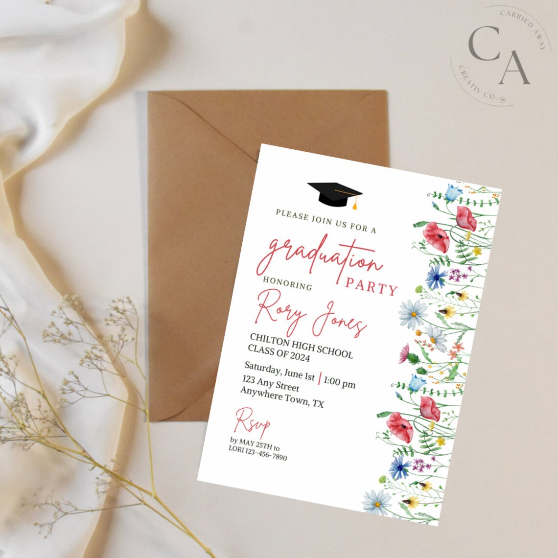 Floral Graduation Party Invitation, Wildflower Butterfly Graduation ...