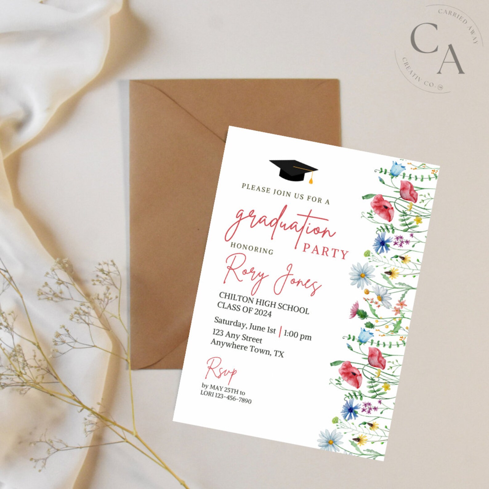 Floral Graduation Party Invitation, Wildflower Butterfly Graduation ...