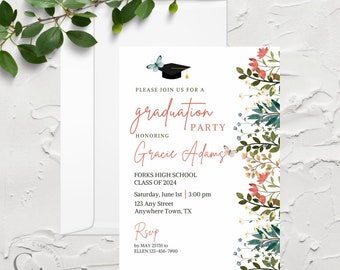 Floral Graduation Party Invitation, Wildflower Butterfly Graduation ...