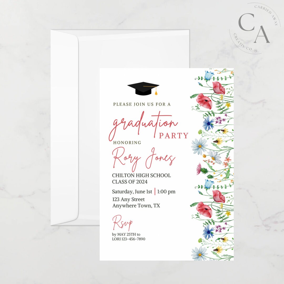 Floral Graduation Party Invitation, Wildflower Butterfly Graduation ...