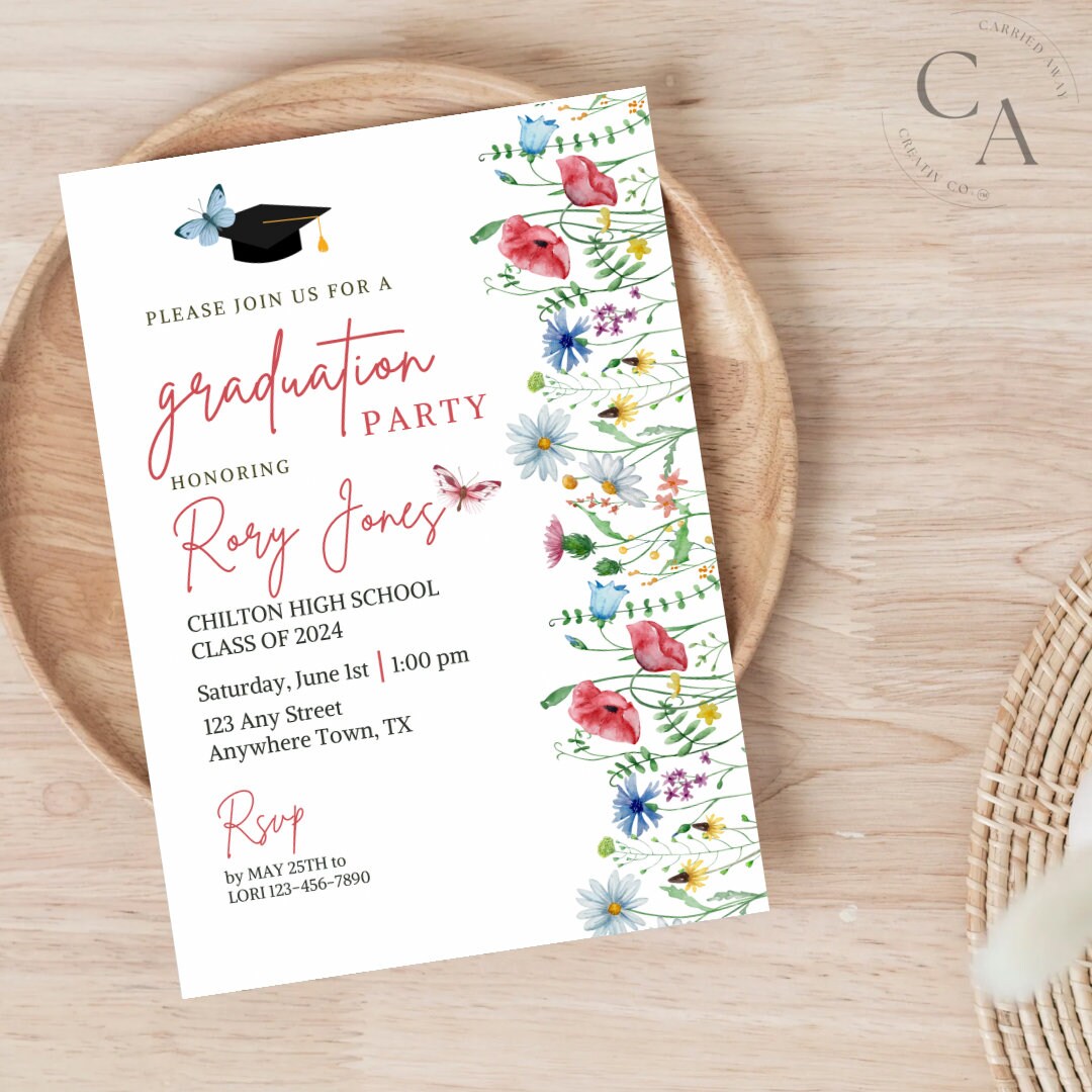 Floral Graduation Party Invitation, Wildflower Butterfly Graduation ...