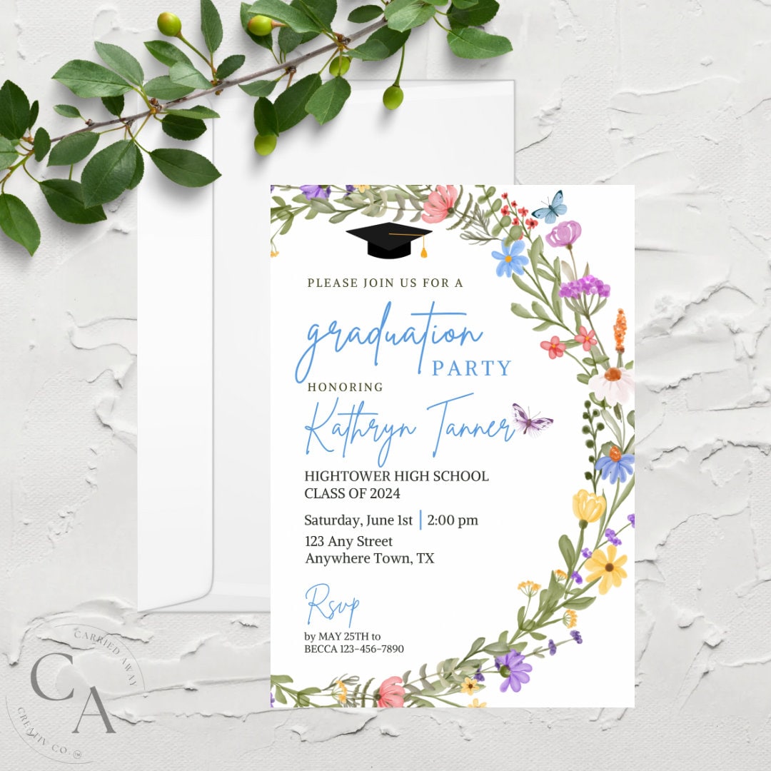 Floral Graduation Party Invitation, Wildflower Butterfly Graduation ...