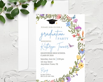 Floral Graduation Party Invitation, Wildflower Butterfly Graduation ...