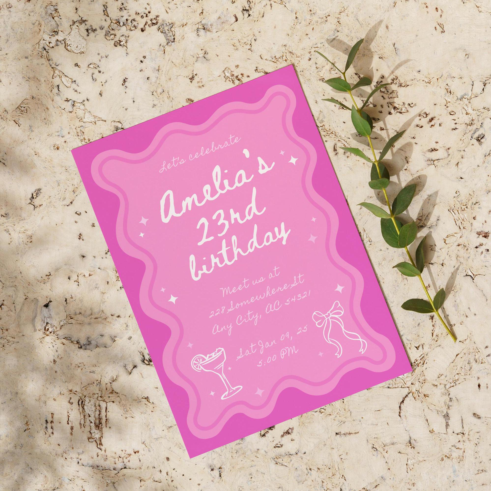 Self Editable Girly Birthday Party Pink Invitation Template, Trendy ...