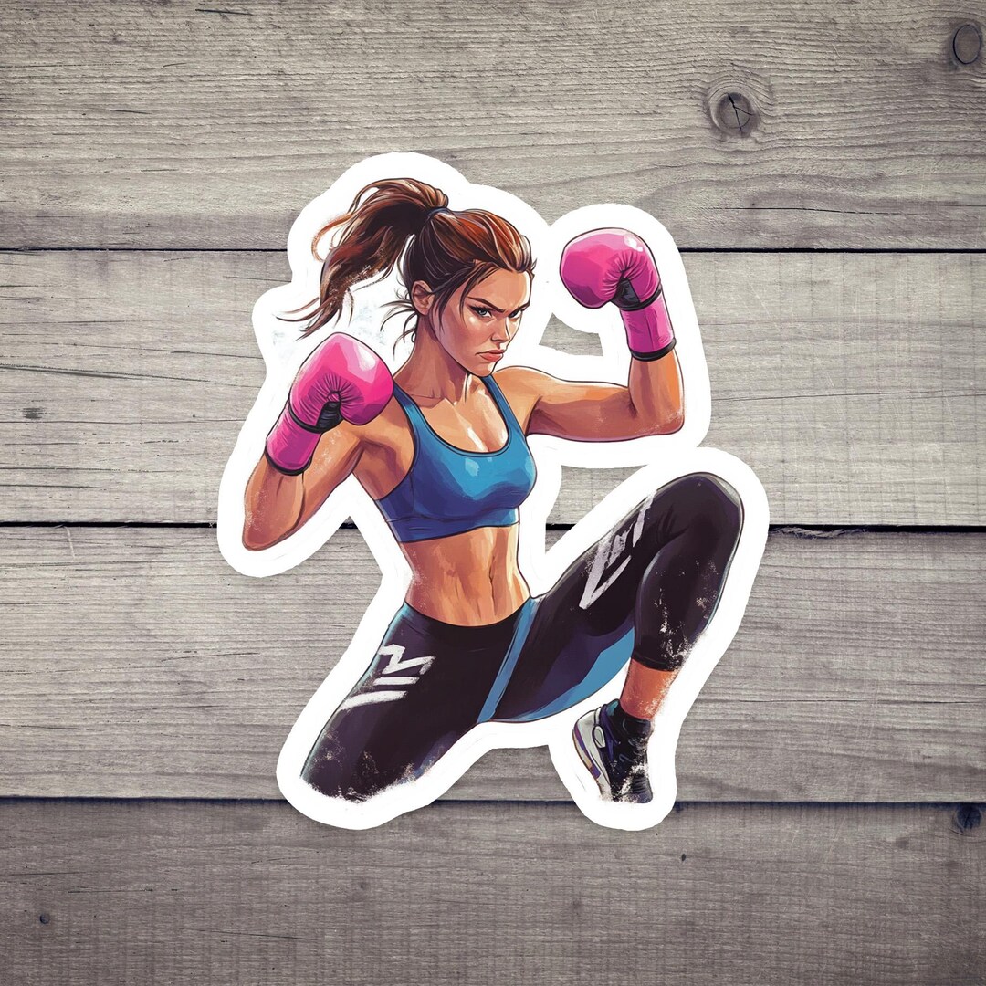Bad-ass Woman Kickboxing Sticker - Kiss-cut Stickers, Pink Boxing ...