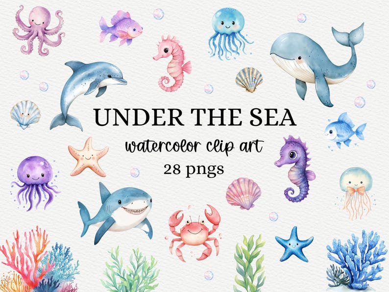 Under the Sea Clipart, Watercolor Ocean Animals PNG, Cute Sea Creatures ...