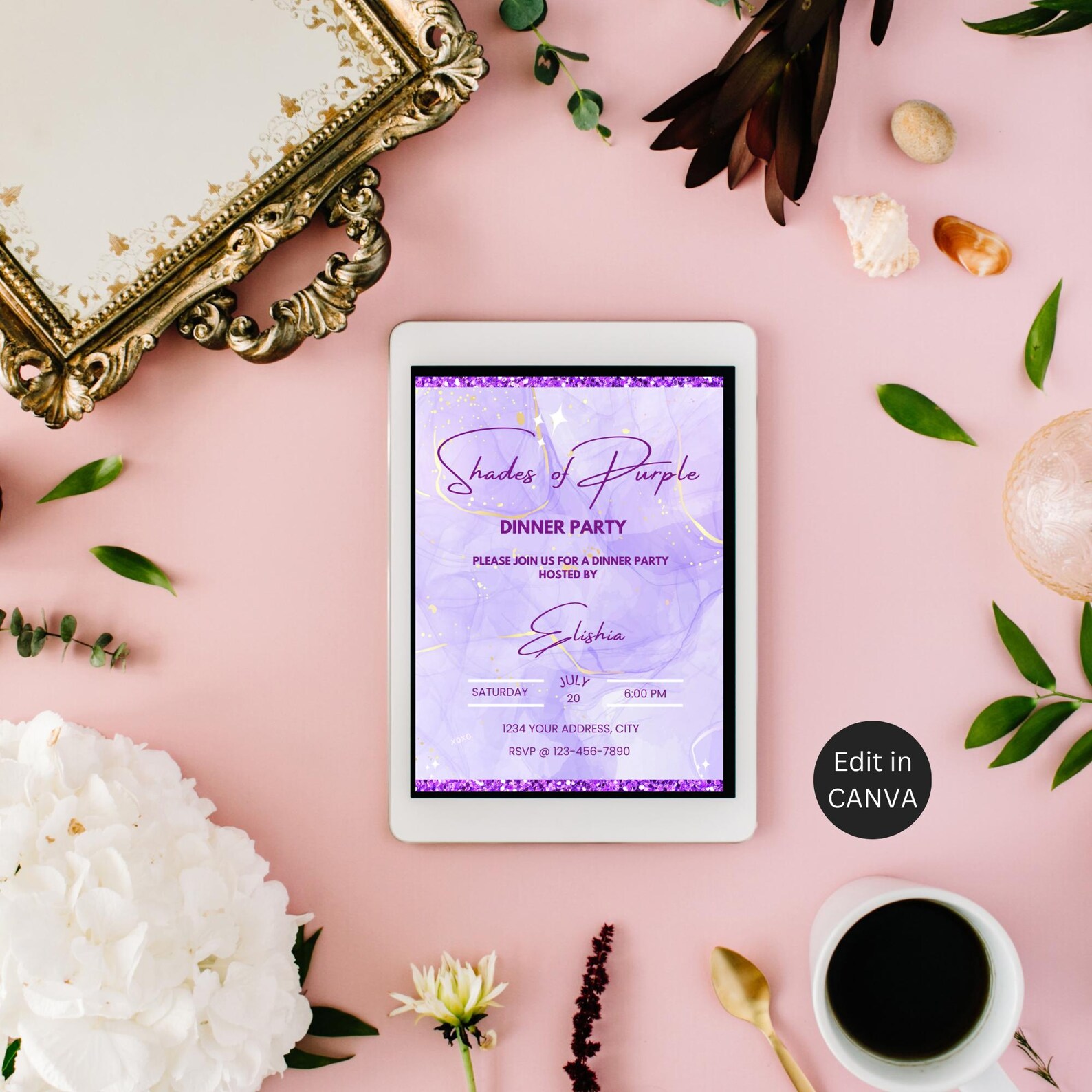 Shades of Purple Dinner Party Invitation | Purple Glitter Party Invite ...