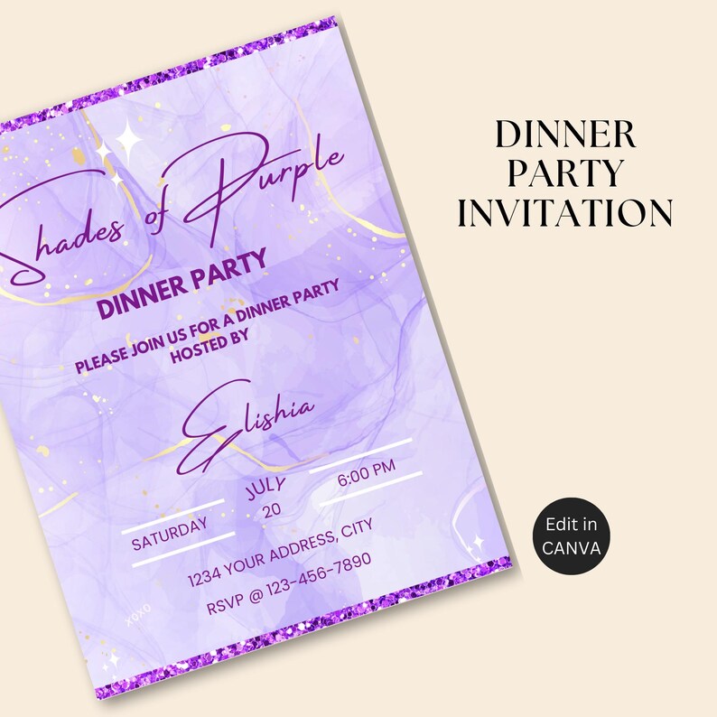 Shades of Purple Dinner Party Invitation | Purple Glitter Party Invite ...