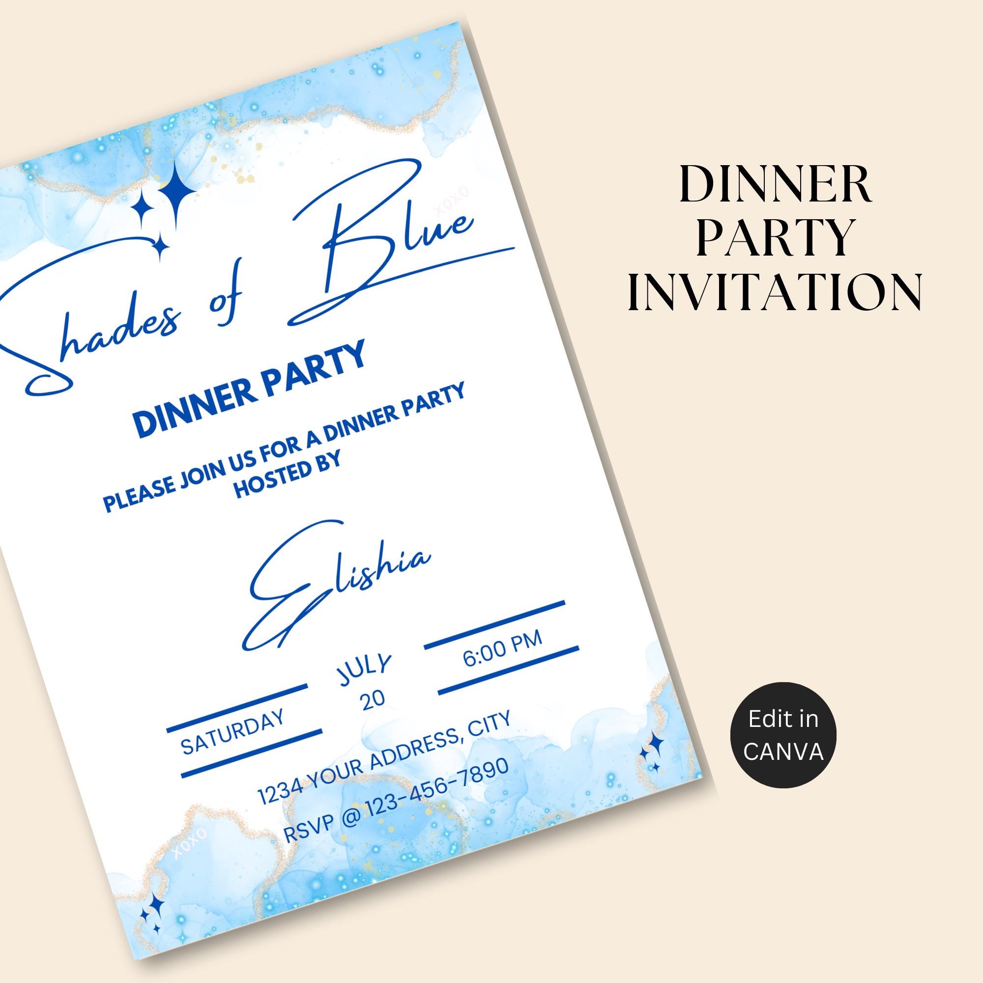 Shades of Blue Dinner Party Invitation | Blue Glitter Party Invite ...