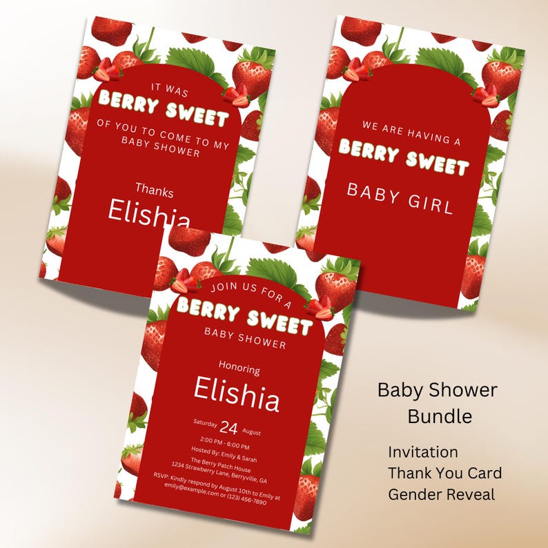 Editable Strawberry-themed Baby Shower Invitation Thank You Card Gender ...
