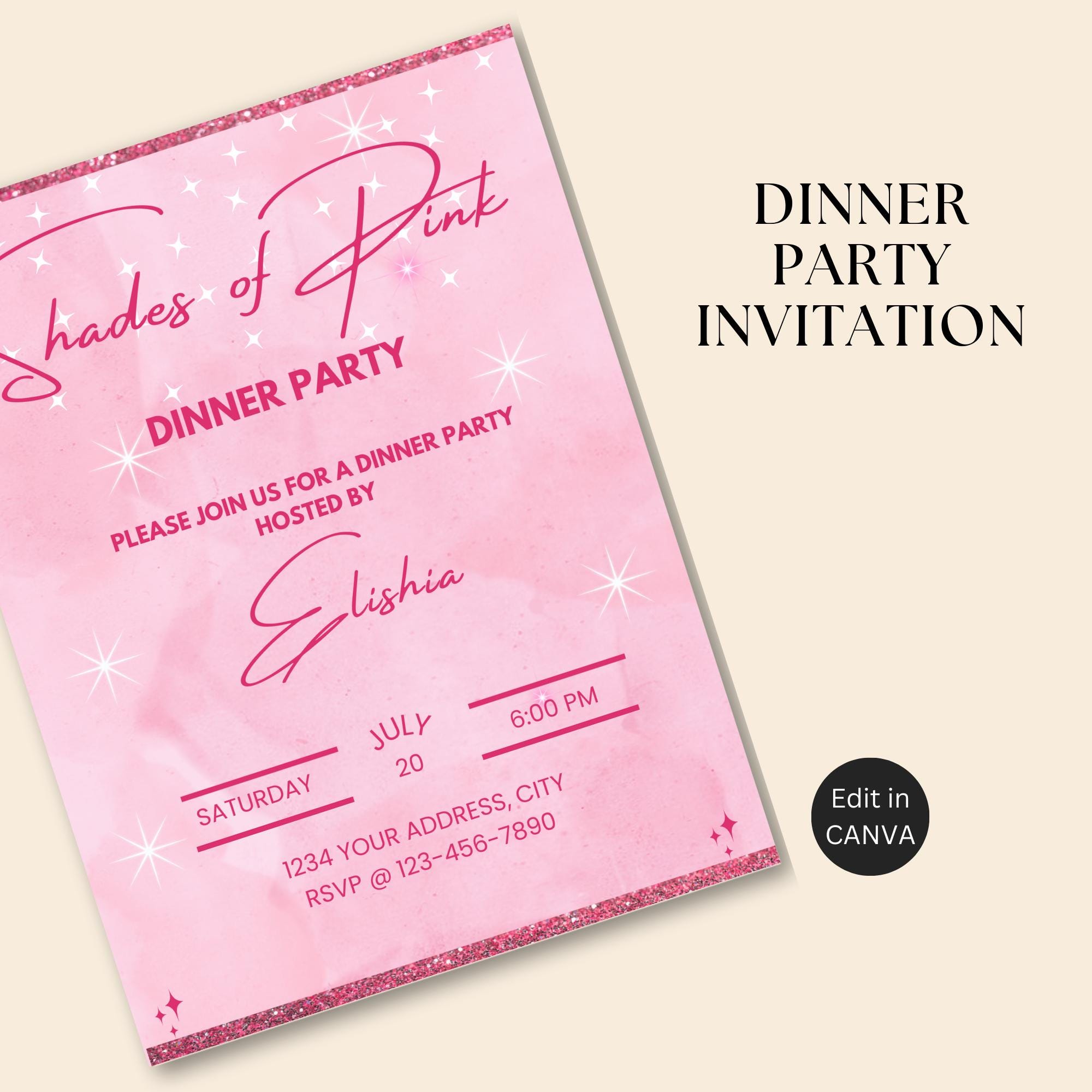 Shades of Pink Dinner Party Invitation | Pink Glitter Party Invite ...