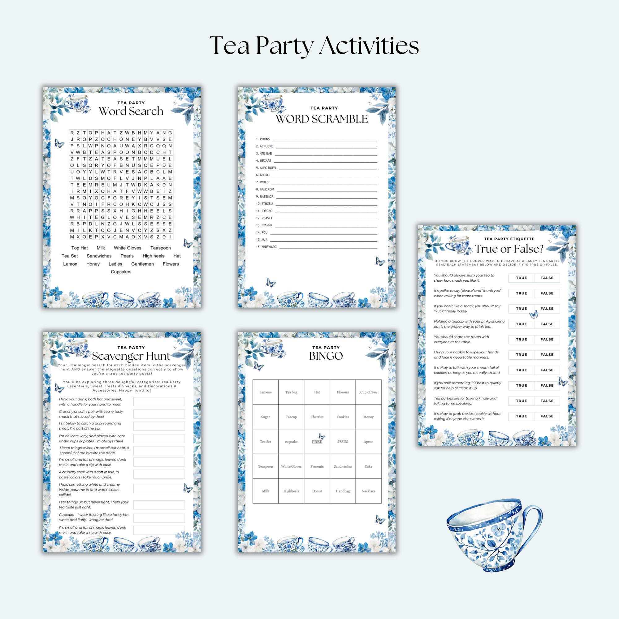 Tea Party Activity Bundle | 5 Fun Games + Answer Sheets | Printable ...
