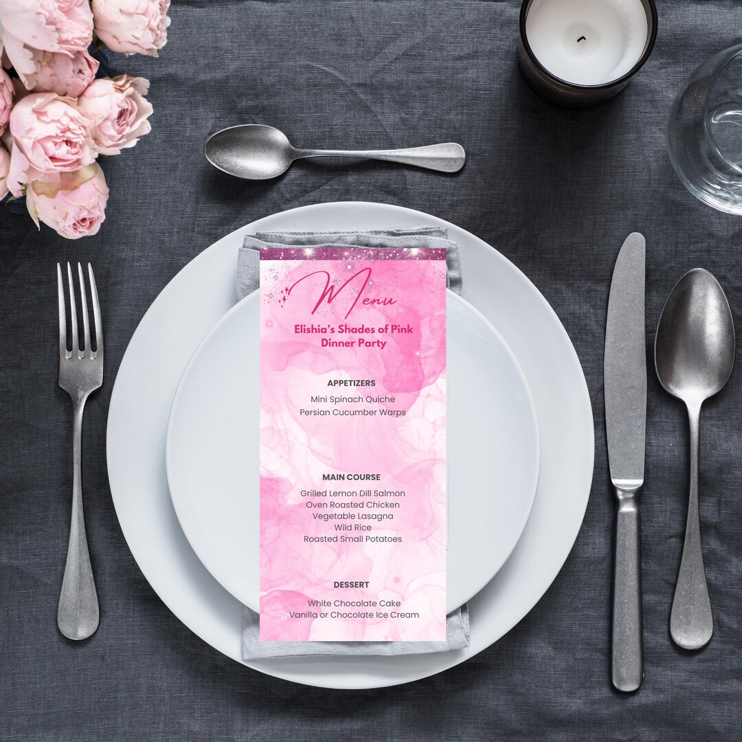 Shades of Pink Dinner Party Menu | Pink Glitter Party Menu | Digital ...