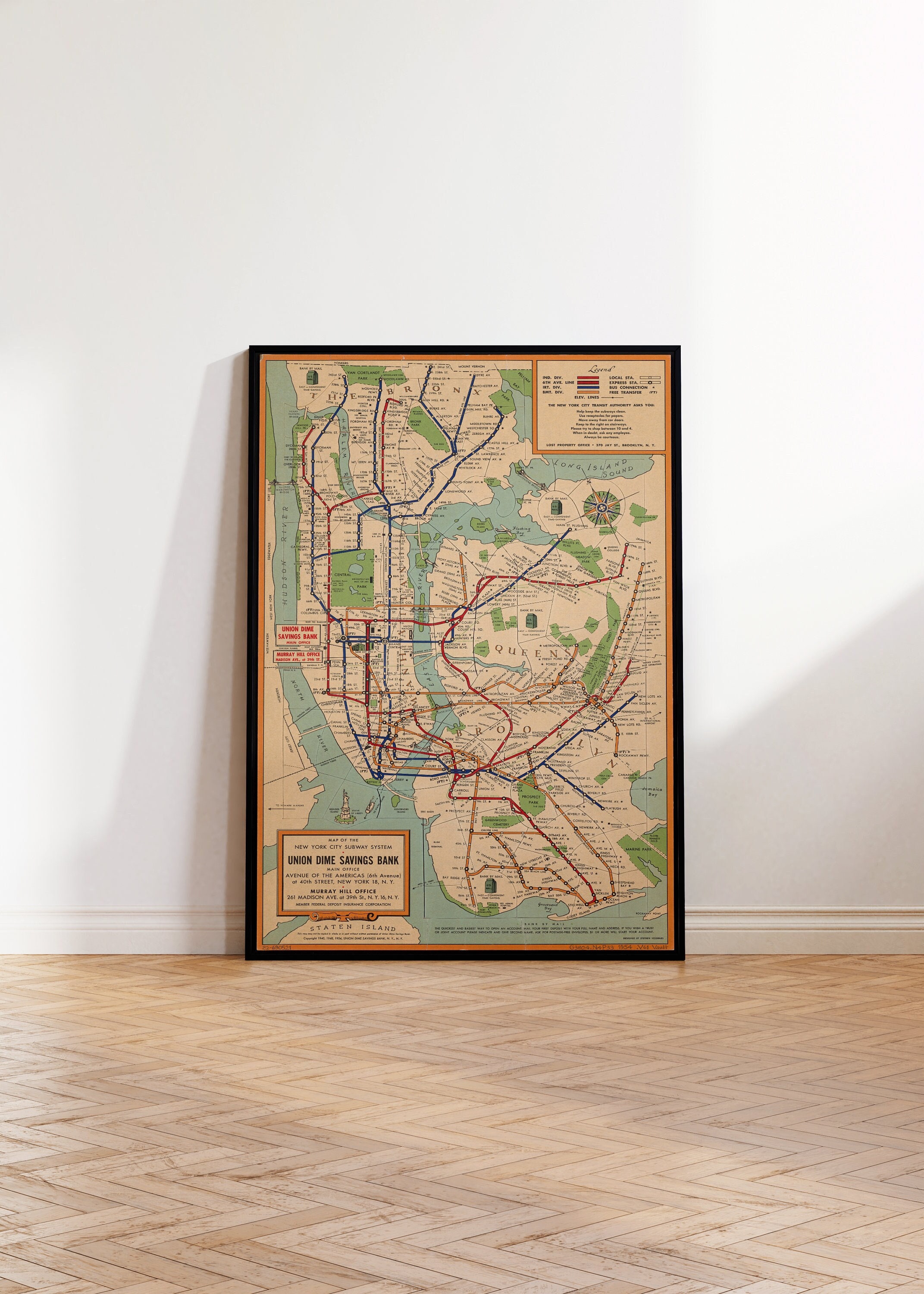 Old Map of New York City Subway System, 1954 Vintage Subway Map ...
