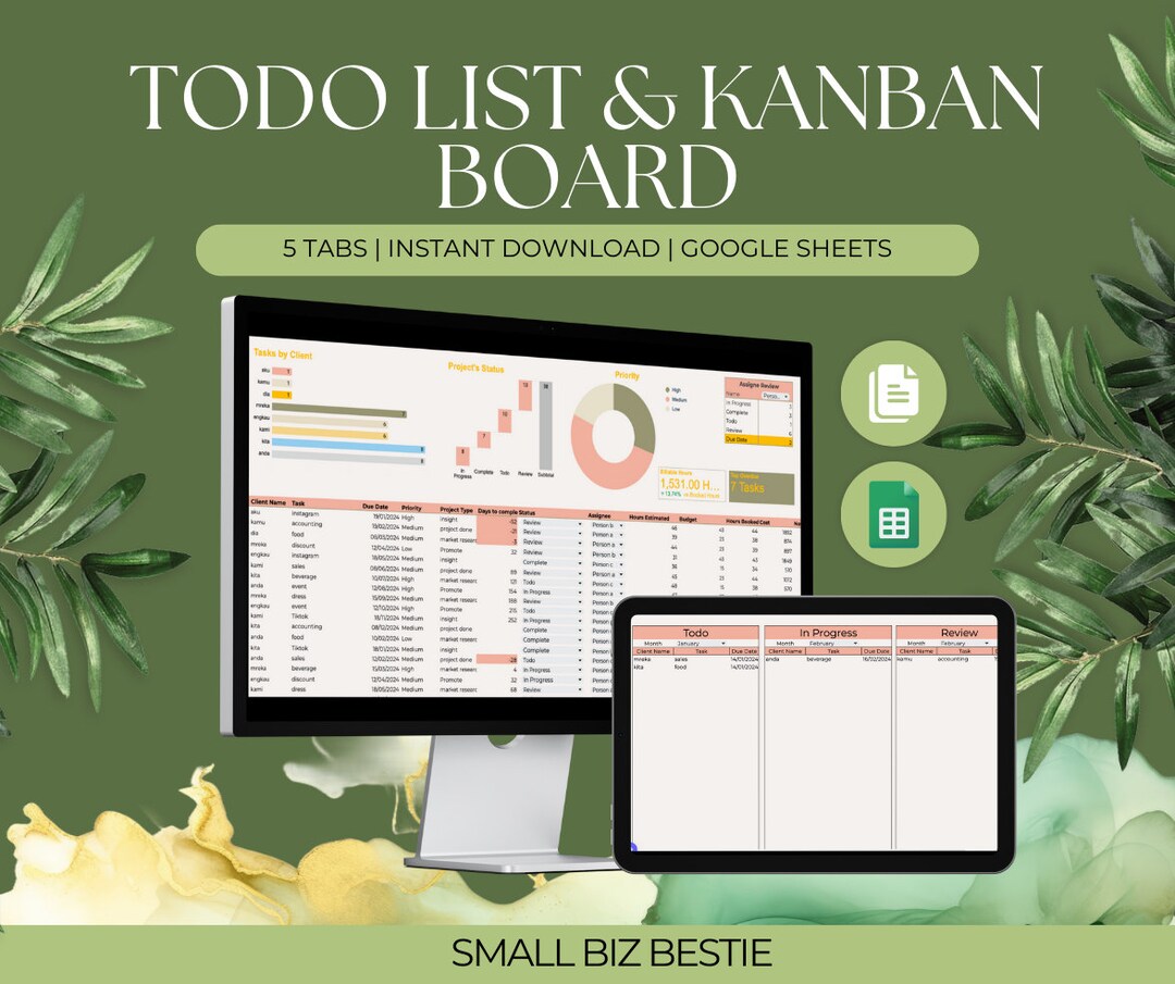 Todo & Kanban Tracker Google Sheets Assignment Planner Business Task Checklist Template Daily ...