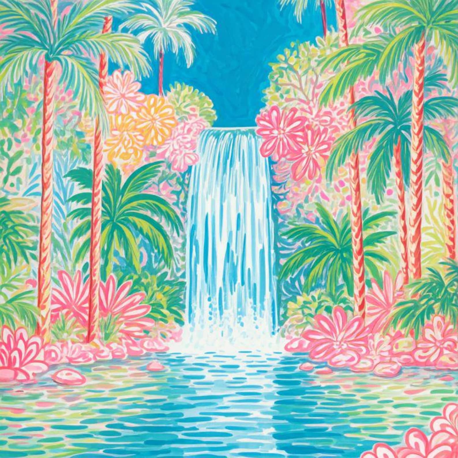 Preppy Palm Beach Watercolor Colorful Vibrant Tropical Waterfall Wall ...
