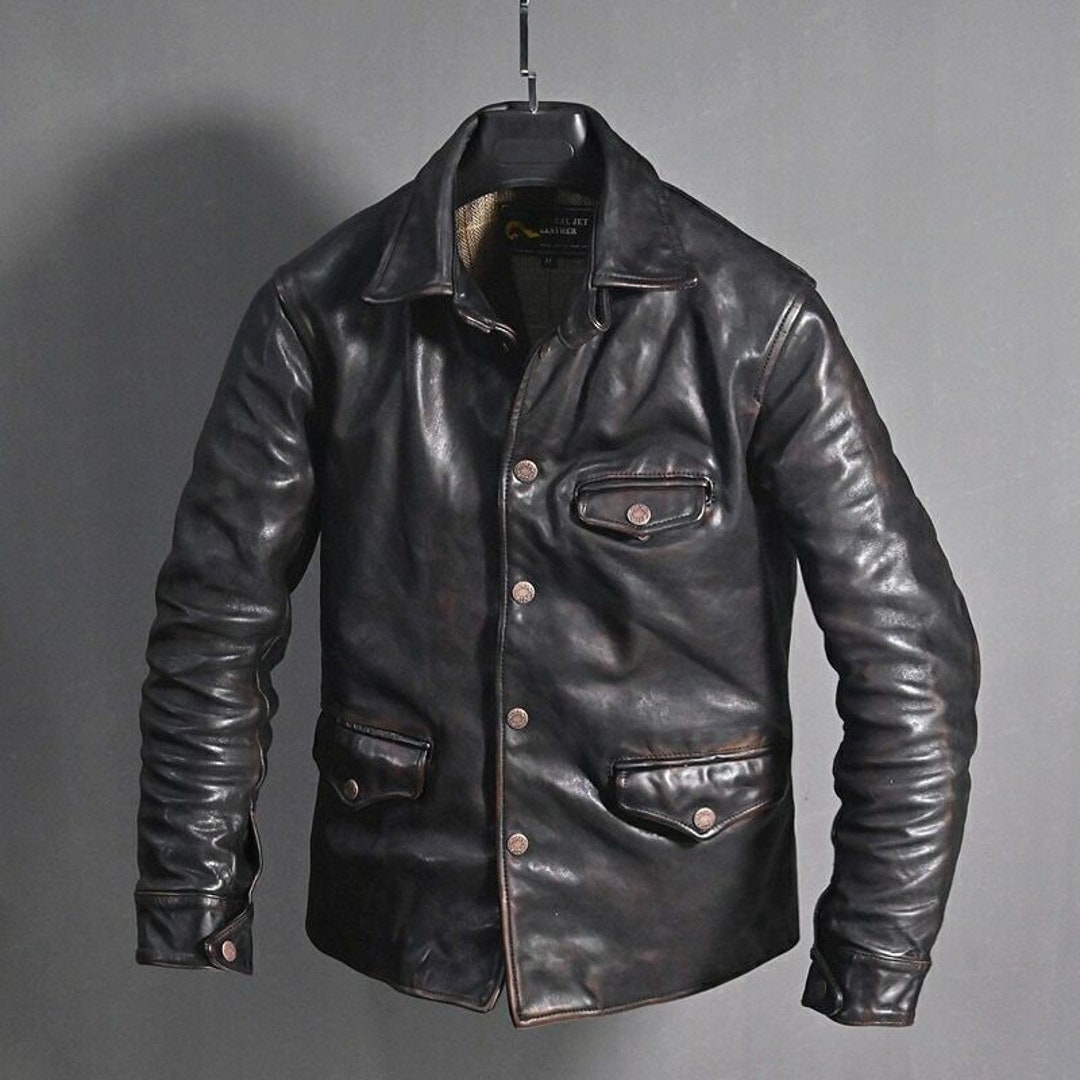 Men's Classic Casual Vintage Style Coat Distressed Black Leather Jacket ...
