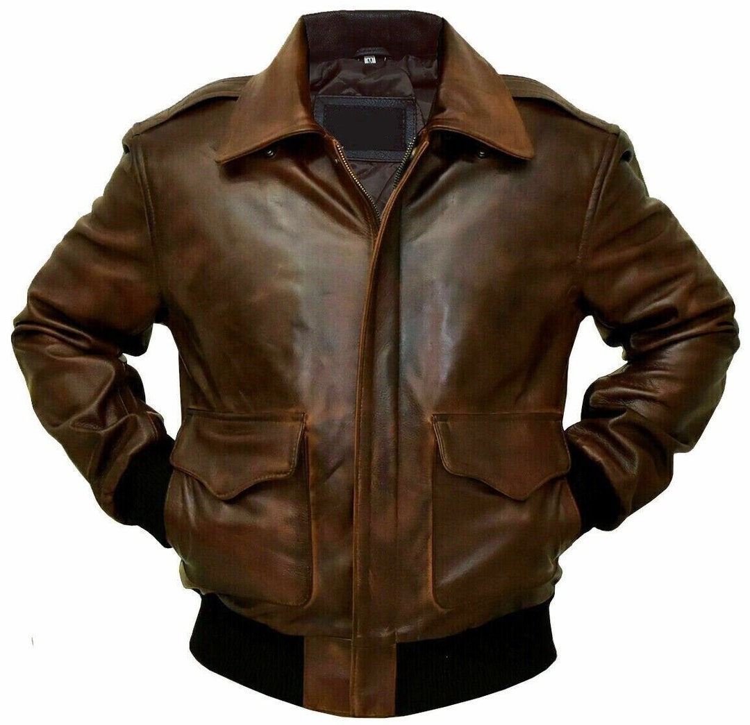 Vintage Aviator A-2 Real Cowhide Distressed Brown Leather Bomber Flight ...