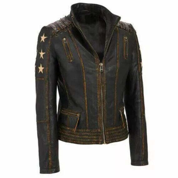 Black rivet distressed leather moto jacket store