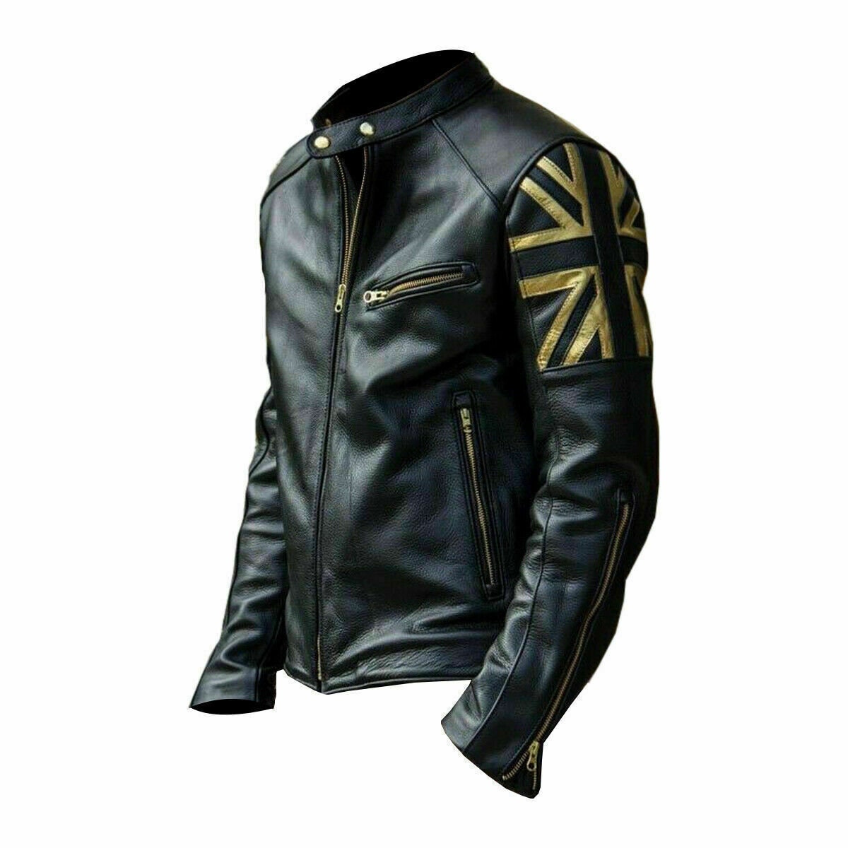 Mens Biker Vintage Motorcycle Black Cafe Racer UK Flag Union Jack ...