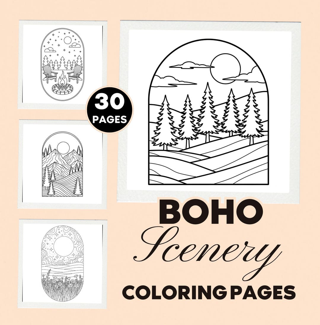 Boho Scenery Coloring Pages: Minimalist Nature Line Art (PDF Download ...