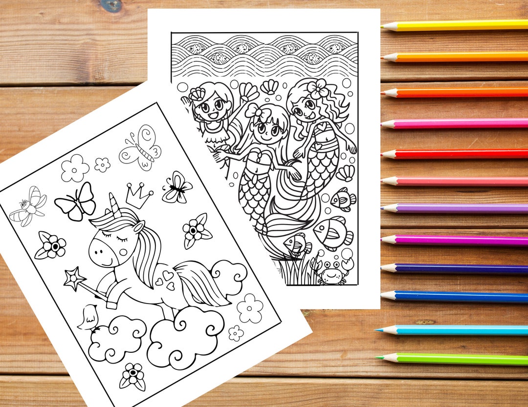 Princess / Unicorn / Mermaid Coloring Pages - 15 Pages - Digital ...