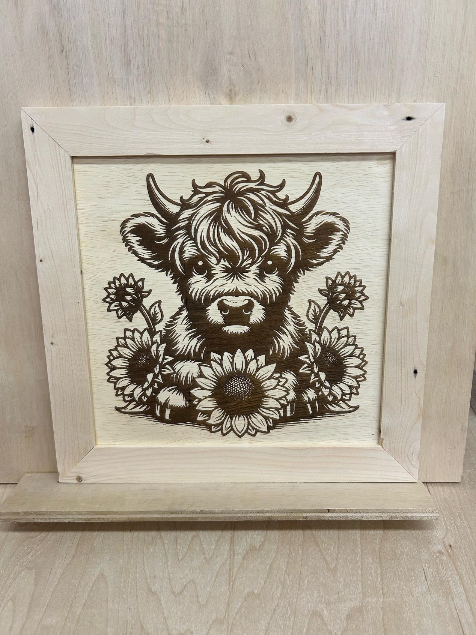 Rustic Highland Cow Engraving With Sunflowers | Laser Engraved Wooden ...