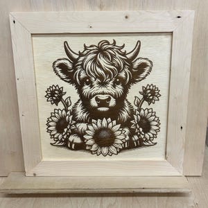 Rustic Highland Cow Engraving With Sunflowers | Laser Engraved Wooden ...