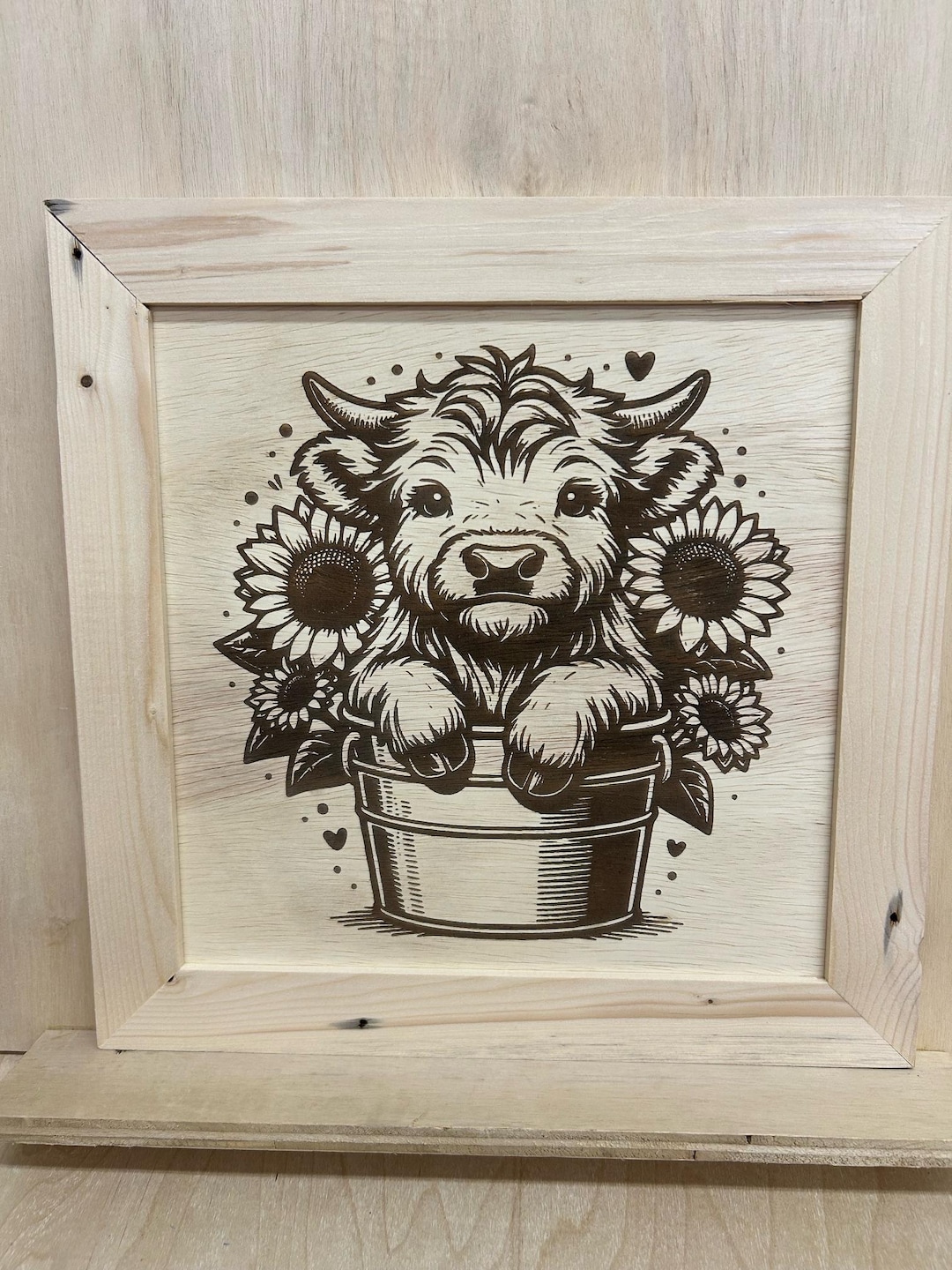 Rustic Highland Cow Engraving With Sunflowers | Laser Engraved Wooden ...