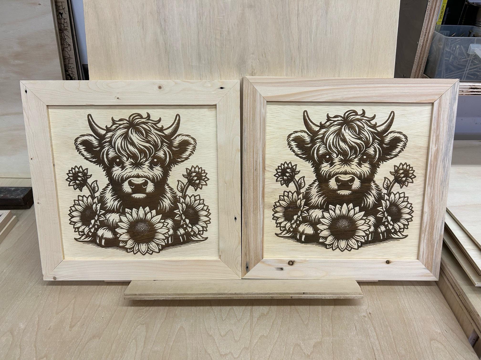 Rustic Highland Cow Engraving With Sunflowers | Laser Engraved Wooden ...