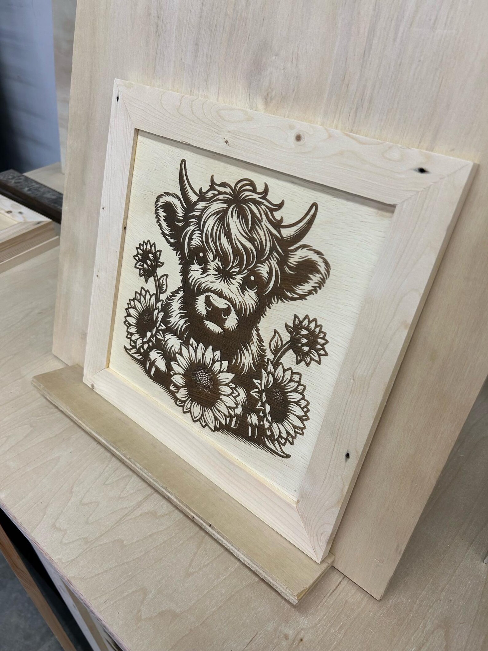 Rustic Highland Cow Engraving With Sunflowers | Laser Engraved Wooden ...