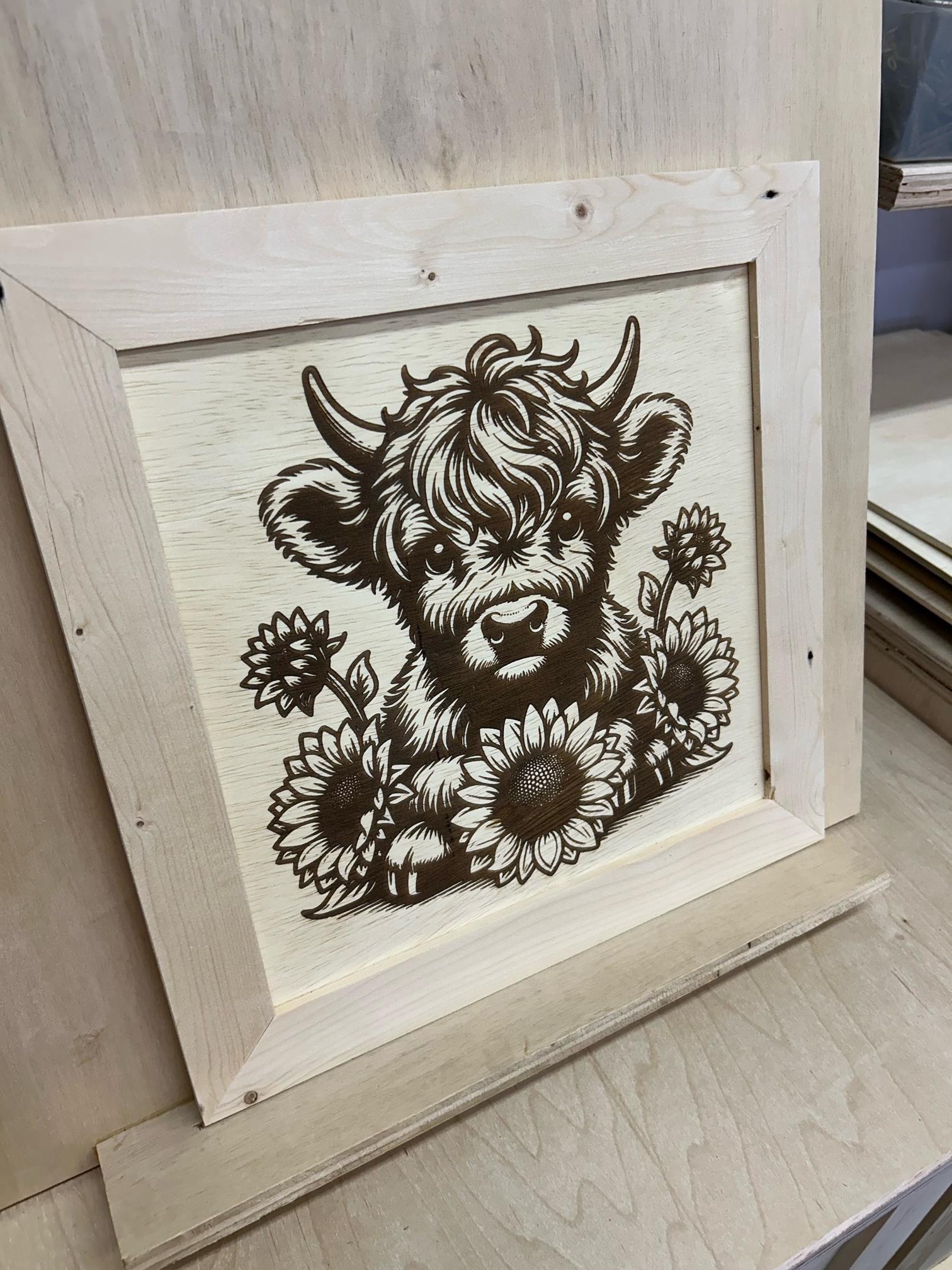 Rustic Highland Cow Engraving With Sunflowers | Laser Engraved Wooden ...
