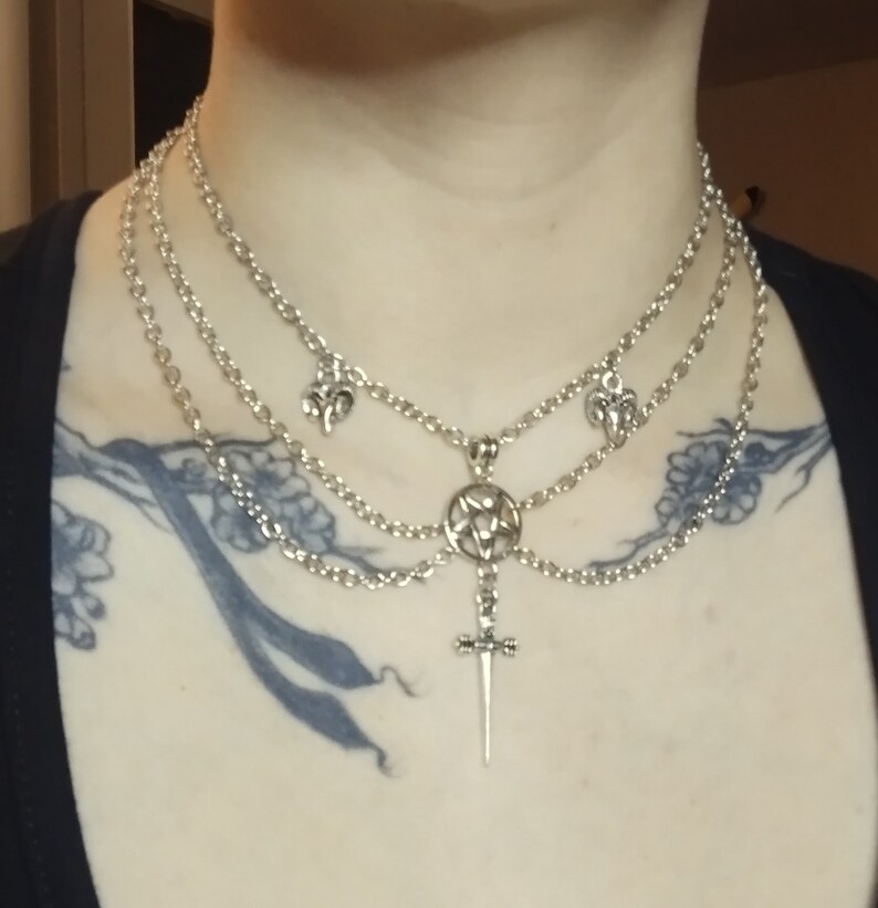 Gothic Pentagram Layered Necklace, Baphomet Satanic Choker, Trendy Goth ...