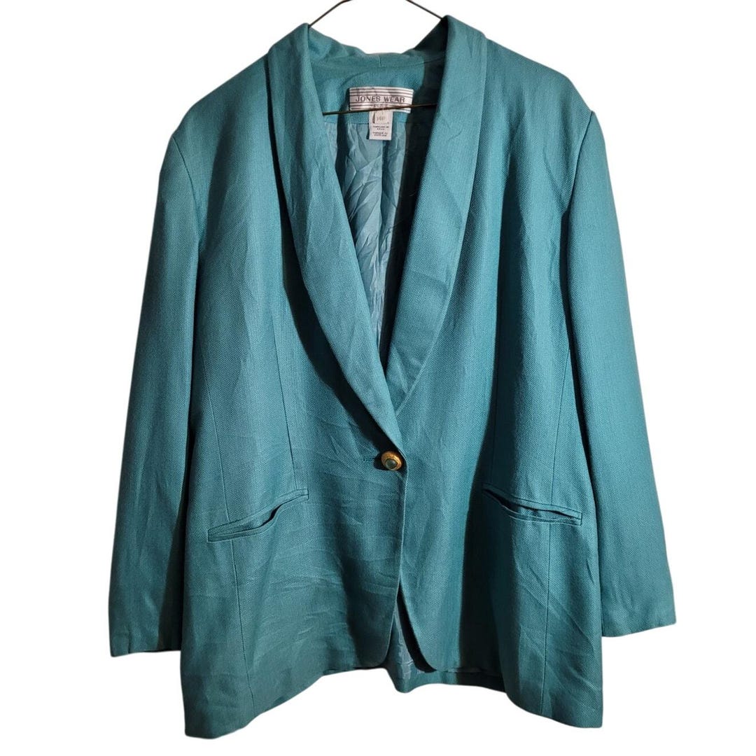 VINTAGE 1980s Jones Wear Aqua Blue Teal Blazer 14P Single Jewel Button ...
