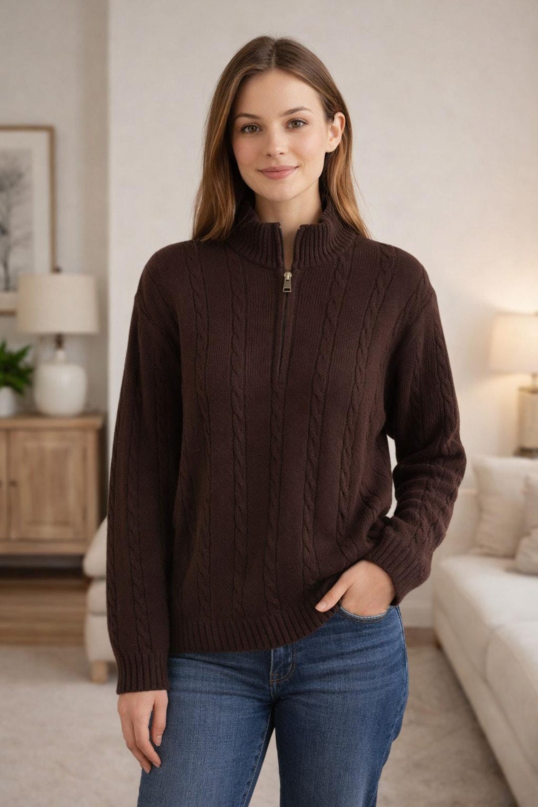 NWT Alexis Reed Braided Rib Knit Quarter Zip Sweater Chocolate Brown ...