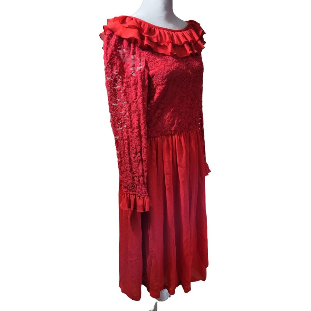 VINTAGE 1980s Coco of CA Red Lace Ruffle Long Dress 10 Long Sleeve ...