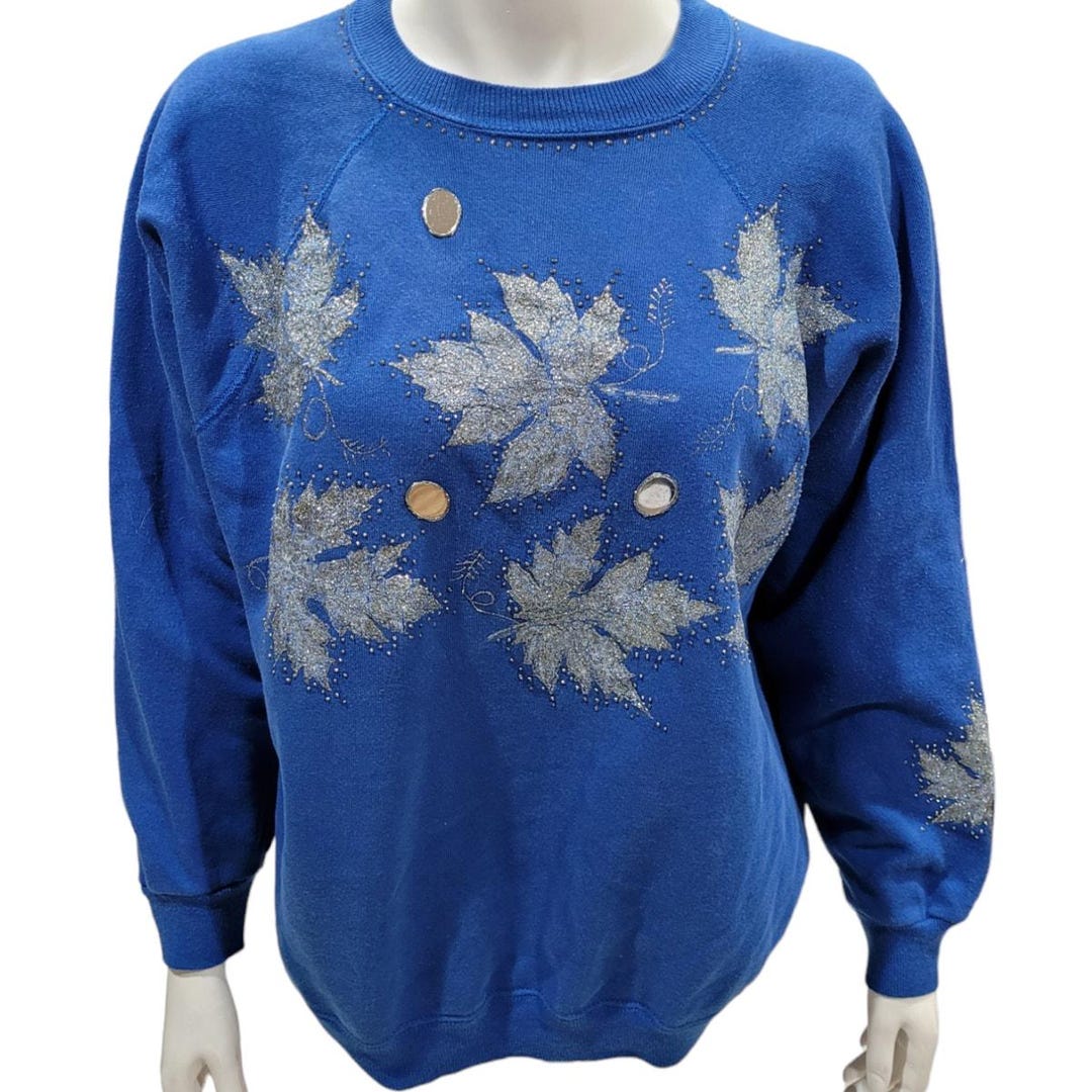 HANES Her Way Women Blue Kitschy Mirrored Leaves Shirt XL Silver ...