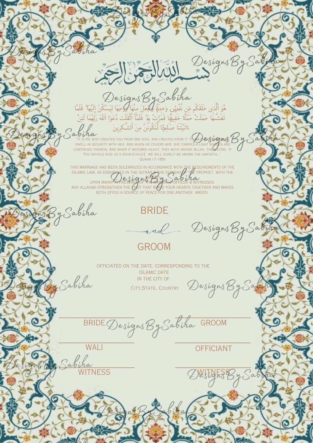 Floral Turkish Style Nikkah Certificate - Etsy