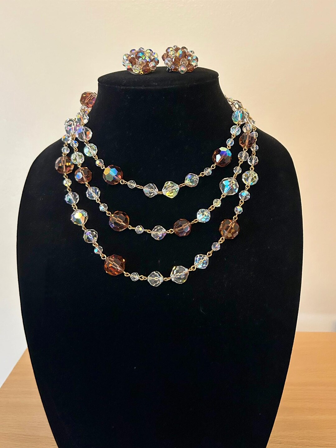 Vintage Marvella Three Strand Crystal Necklace and Earrings With Tags ...