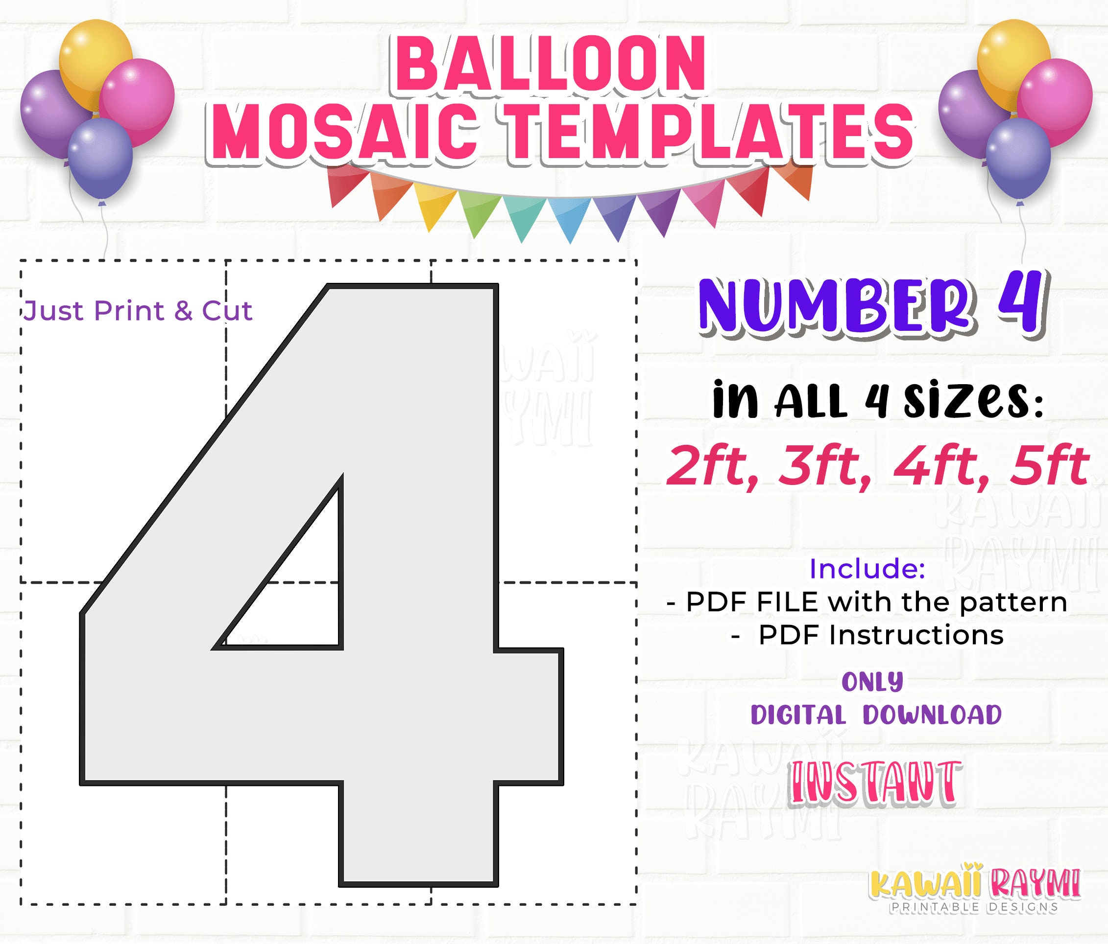 SQUARE Number 4, Balloon Mosaic Template, Four Mosaic Number Template, Mosaic Numbers From ...