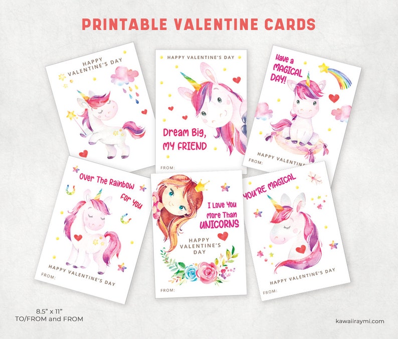 Printable Unicorn Kids Valentine's Day Cards, Unicorn Classroom ...