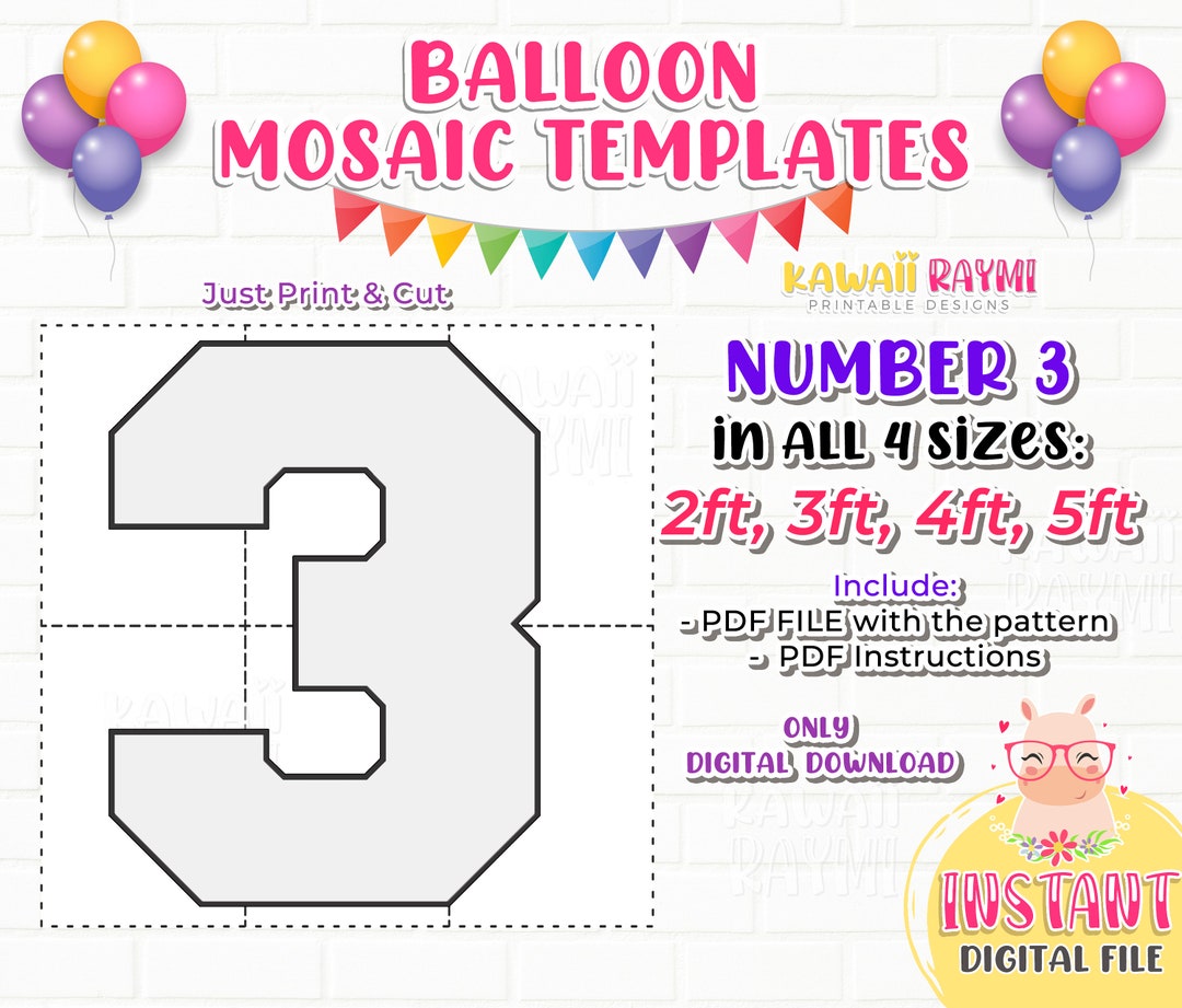 SQUARE Number 3, Balloon Mosaic Template, Three Mosaic Number Template ...