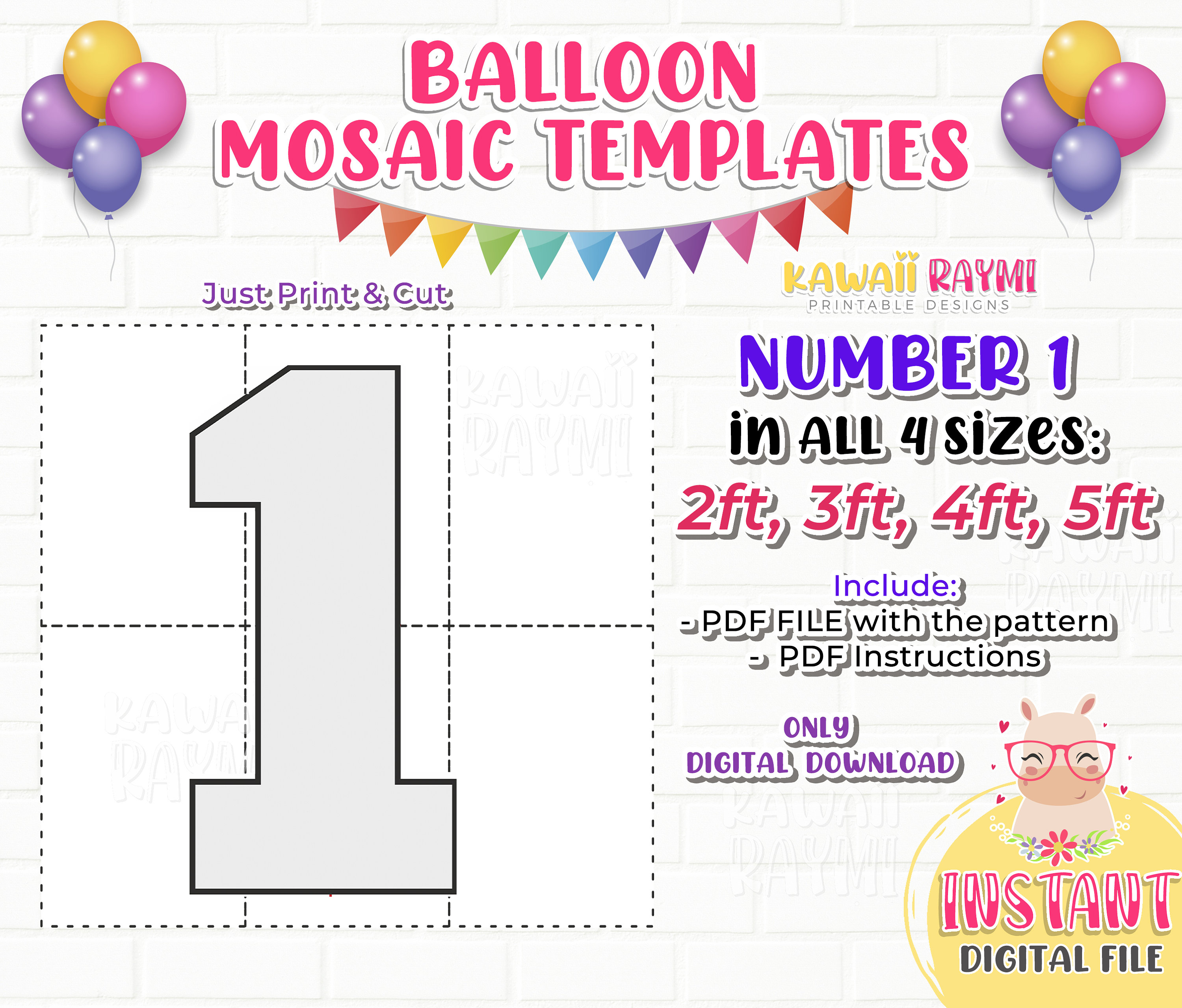 SQUARE Number 1, Balloon Mosaic Template, One Mosaic Number Template ...