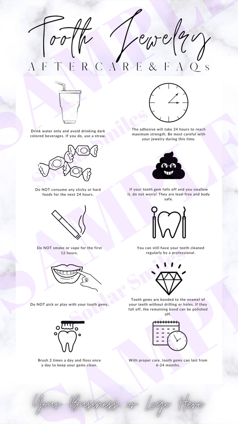 Customizable Tooth Gems Jewelry Aftercare Instructions Card Template - Etsy
