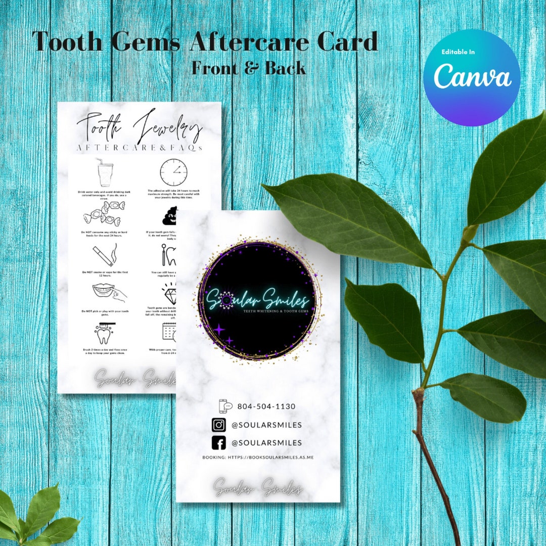 Customizable Tooth Gems Jewelry Aftercare Instructions Card Template - Etsy