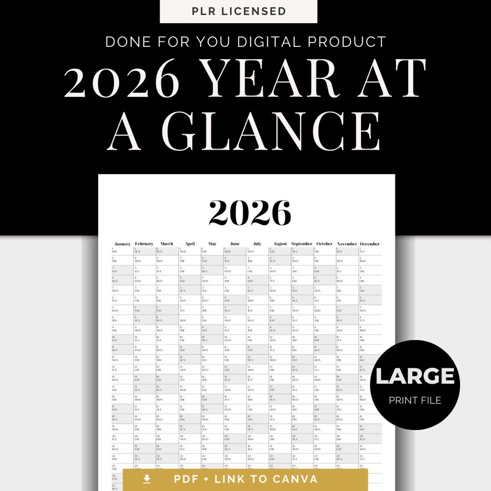 2026 Year at a Glance Calendar | Printable Wall Calendar PDF ...