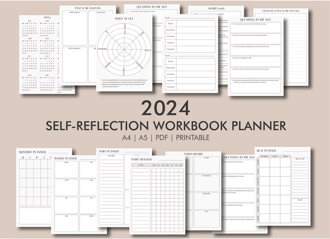 2024 Minimalist Printable Self-reflection Workbook, 2024 Calendar, Monthly / Weekly / Daily ...